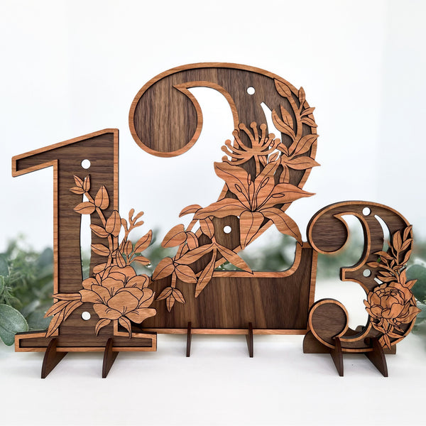 Wood Table Numbers with Stands - Floral Design